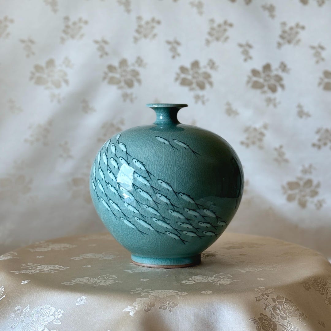 Korean Celadon Vase: Inlaid Minnow Motif - Etsy