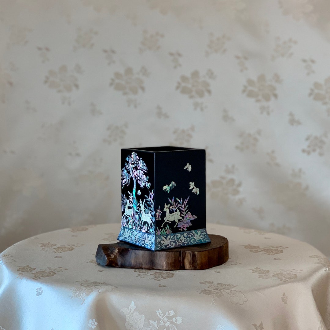 Korean Mother of Pearl Pen Holder: Pine Tree and Deer Motif - Etsy