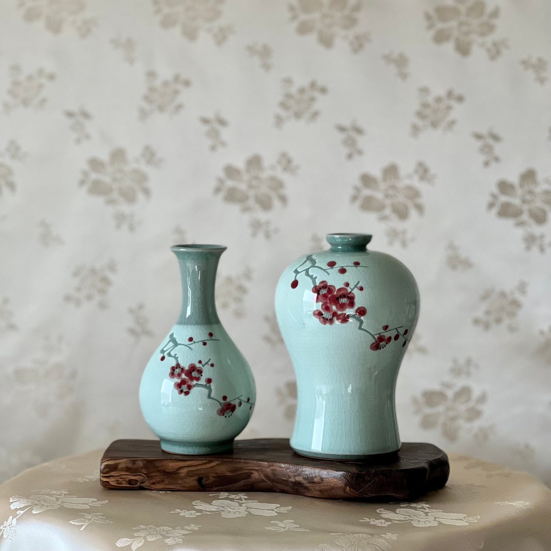 Korean Celadon Vase Set: White Slip With Plum Blossom Motif - Etsy