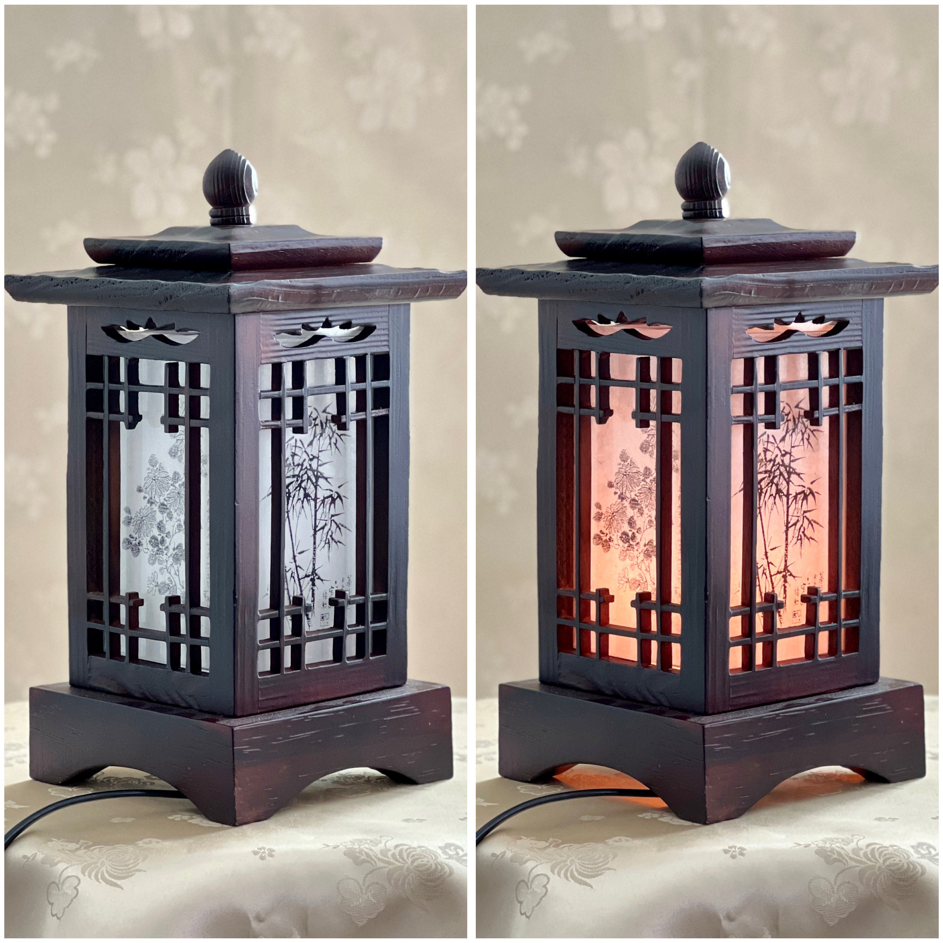 Korean Pavilion Shape Wooden Accent Table Lamp With Square Pagoda Roof ...