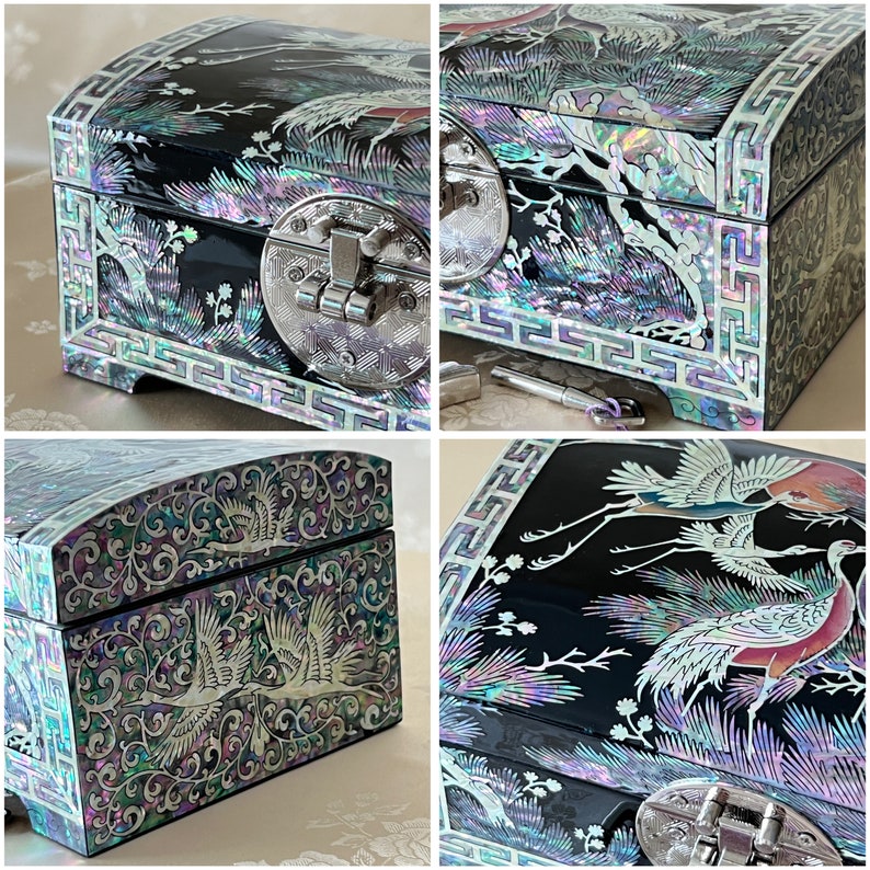 Korean Mother-of-pearl Jewelry Box: Pine Tree and Crane Motif in Black ...