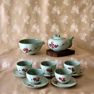 Korean Traditional Handmade White Celadon Tea Set for 5 People With Red ...