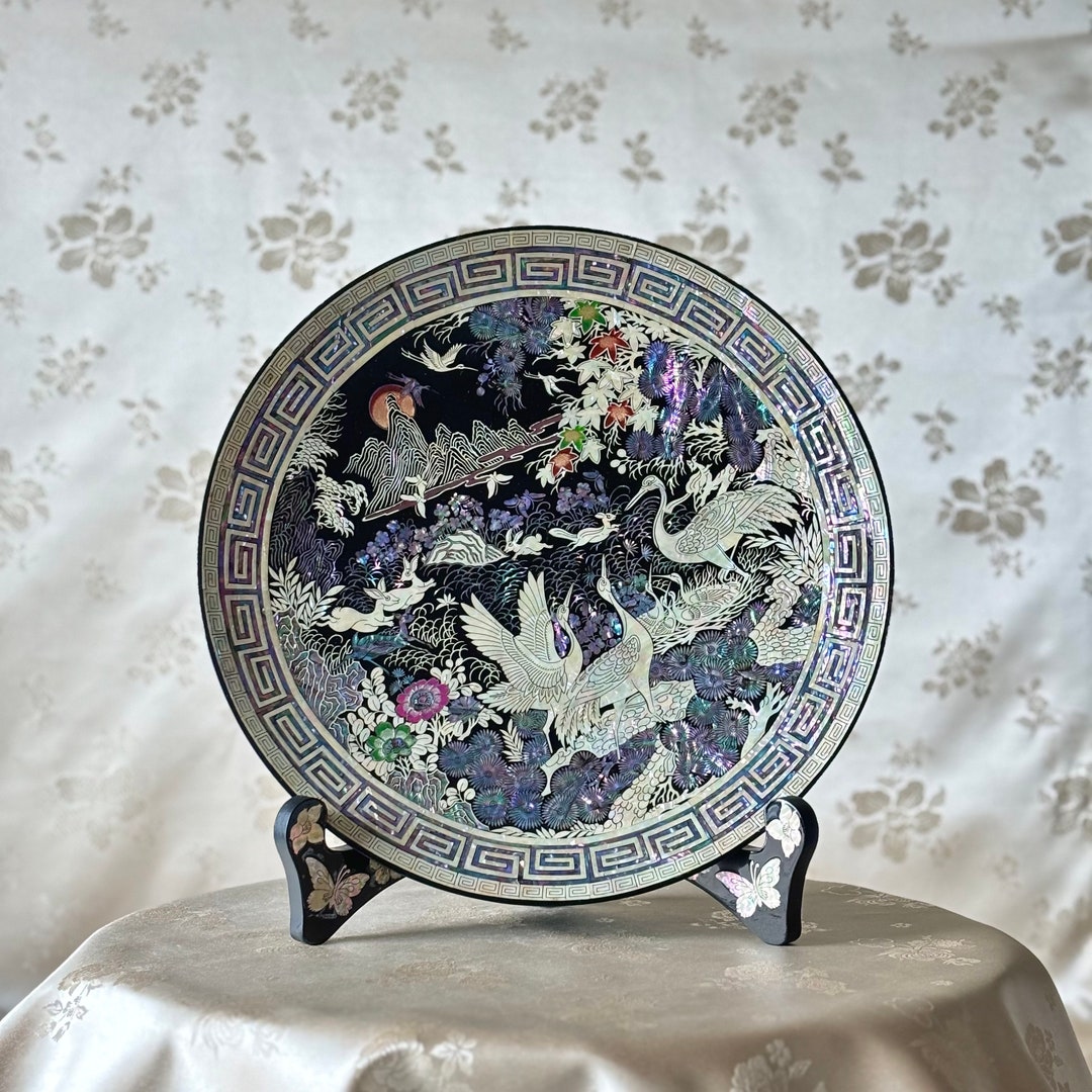 Korean Handmade Najeon Mother of Pearl Wooden Plate With Pine Tree and ...