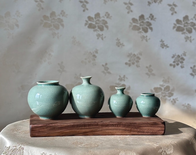 Elegant Korean Handmade Celadon Miniature Vase Set With Wooden Board ...