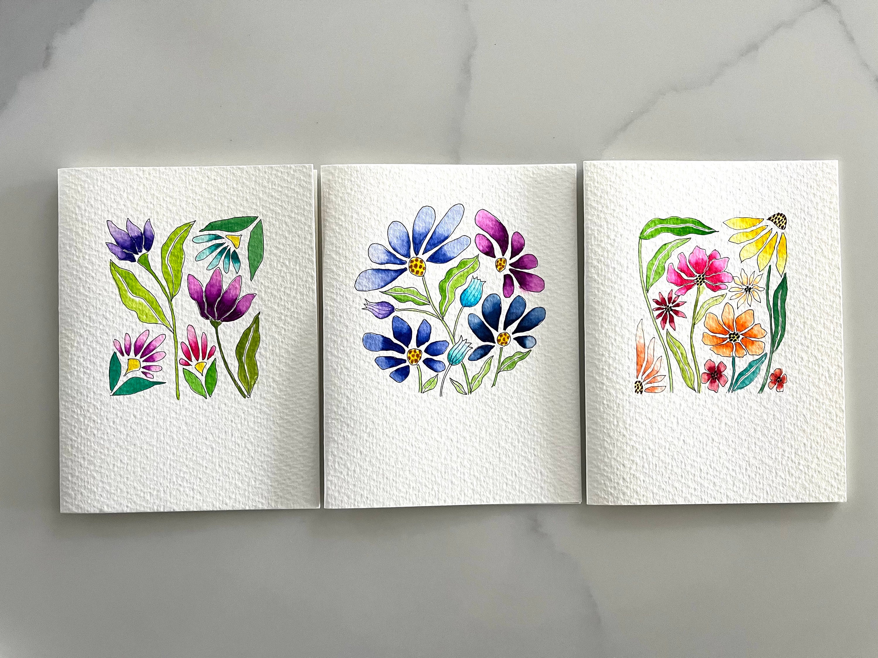 Original Hand Painted Watercolor Modern Flower Card Set - Etsy