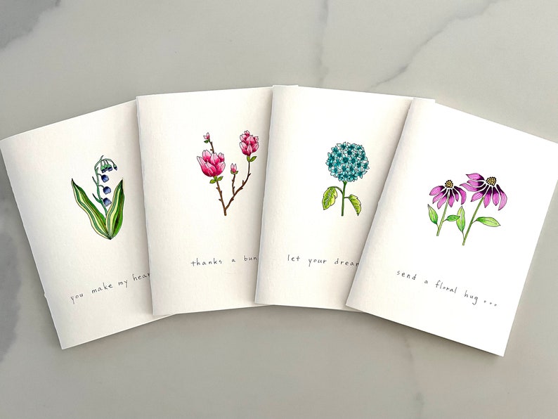Original Hand Painted Watercolor Flower Card Set Floral Greeting Warm ...