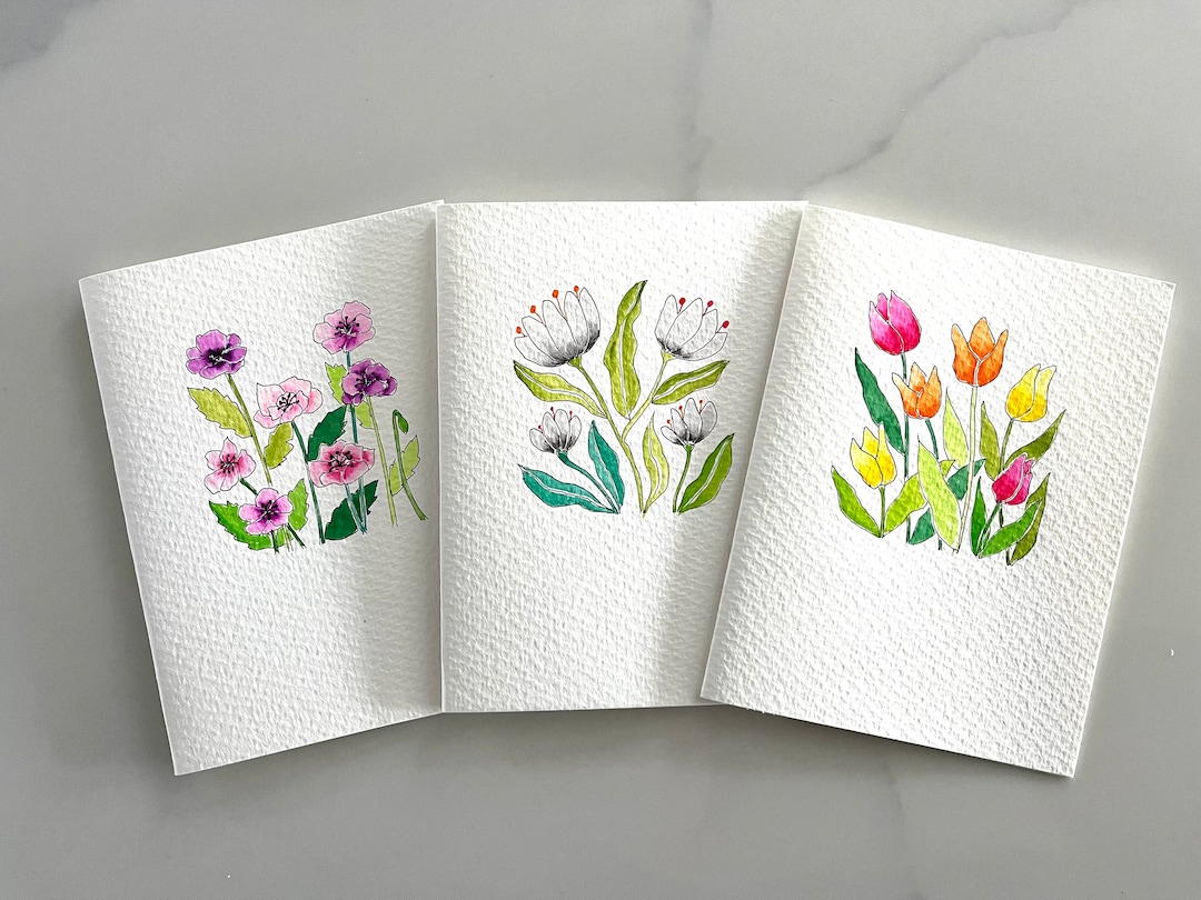 Original Hand Painted Watercolor Flower Card Set: Modern Floral Thank ...
