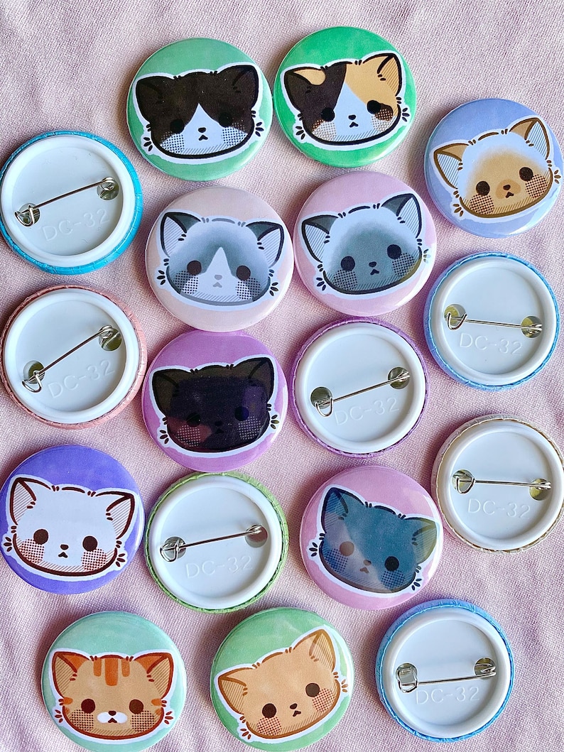Cute Cat Pinback Button Badges Pins - Kawaii Cat Art - Ita Bag Pins ...