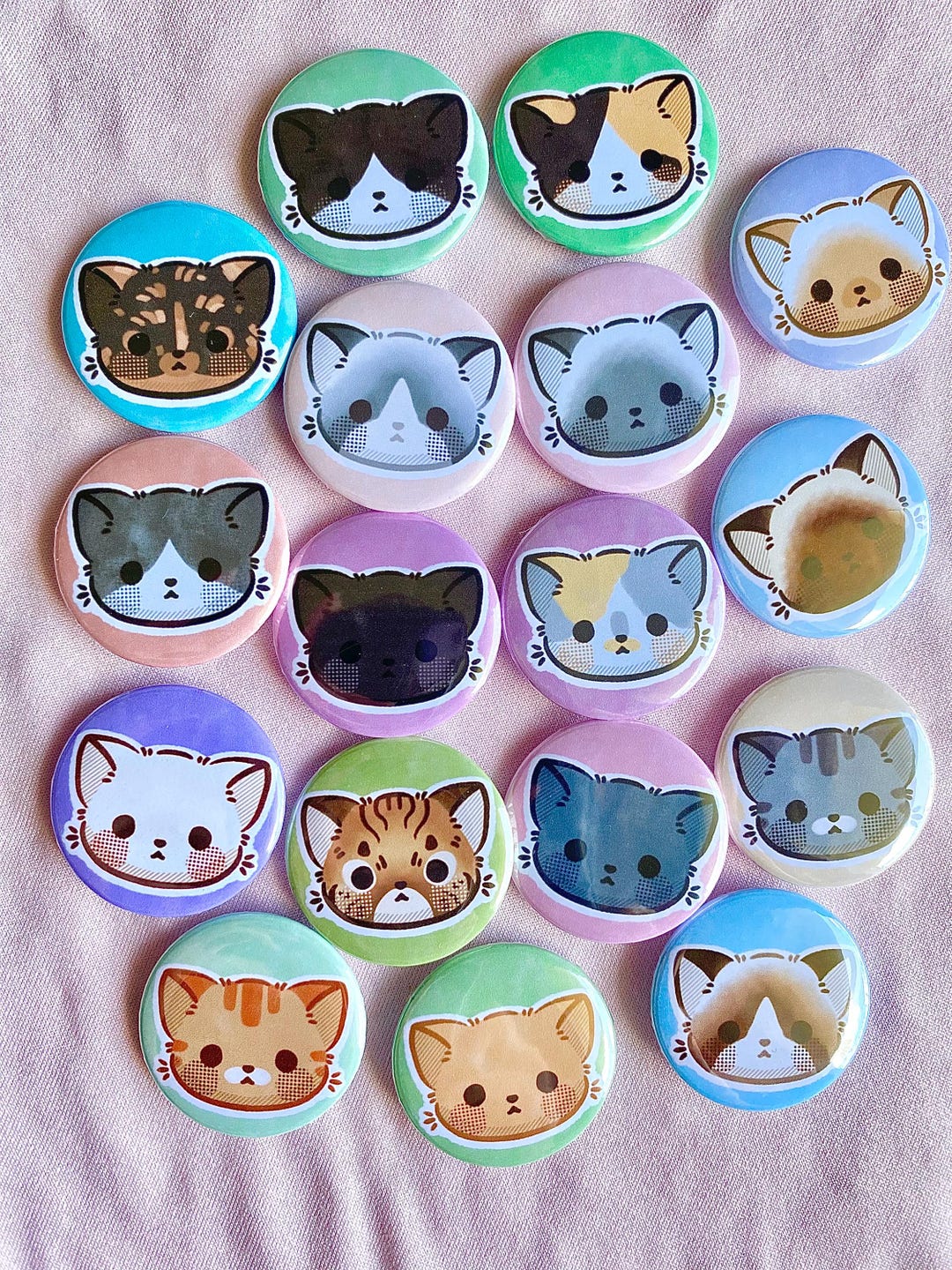 Cute Cat Pinback Button Badges Pins - Kawaii Cat Art - Ita Bag Pins ...