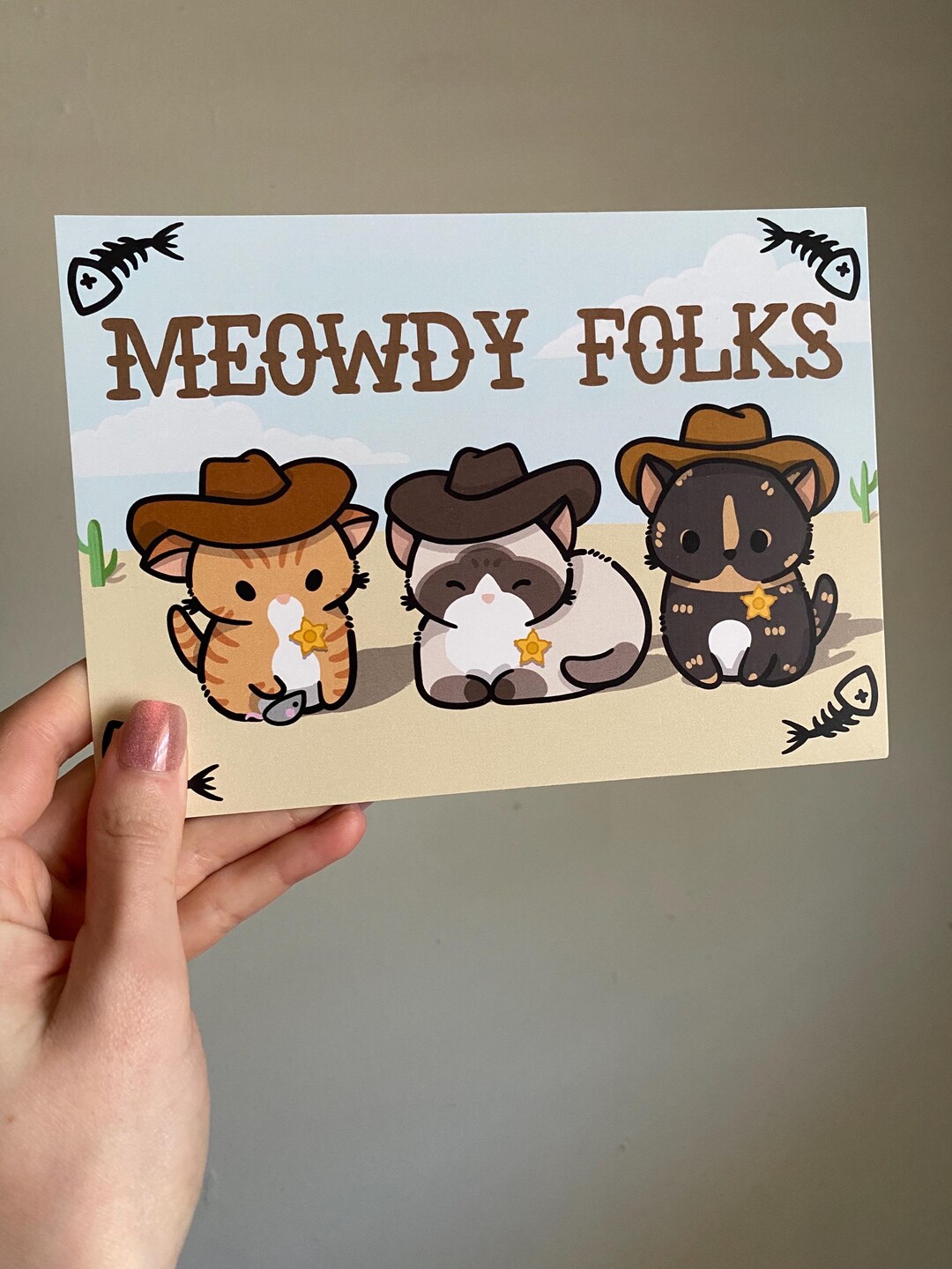 Meowdy Kawaii Cute Art Print - Meowdy Cat Print - Cute Cat Handmade Art ...