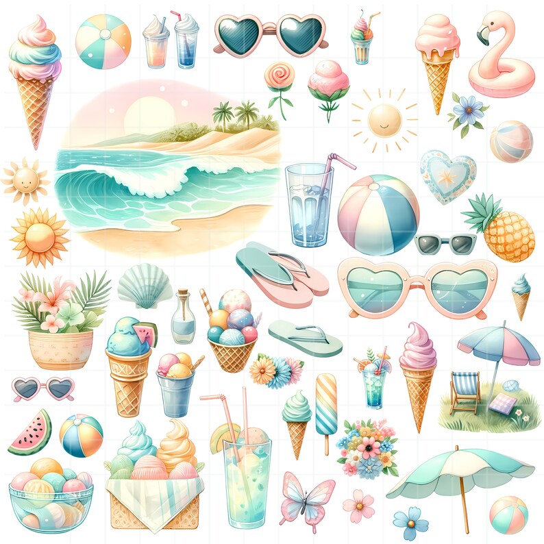 Summer Vacation Watercolor Clipart Digital File, Set of 145, Summer ...