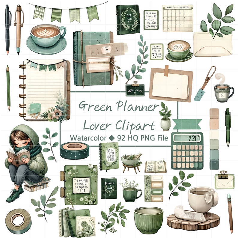 Green Planner Clipart Set of 92, PNG Digital File, Green Planner ...