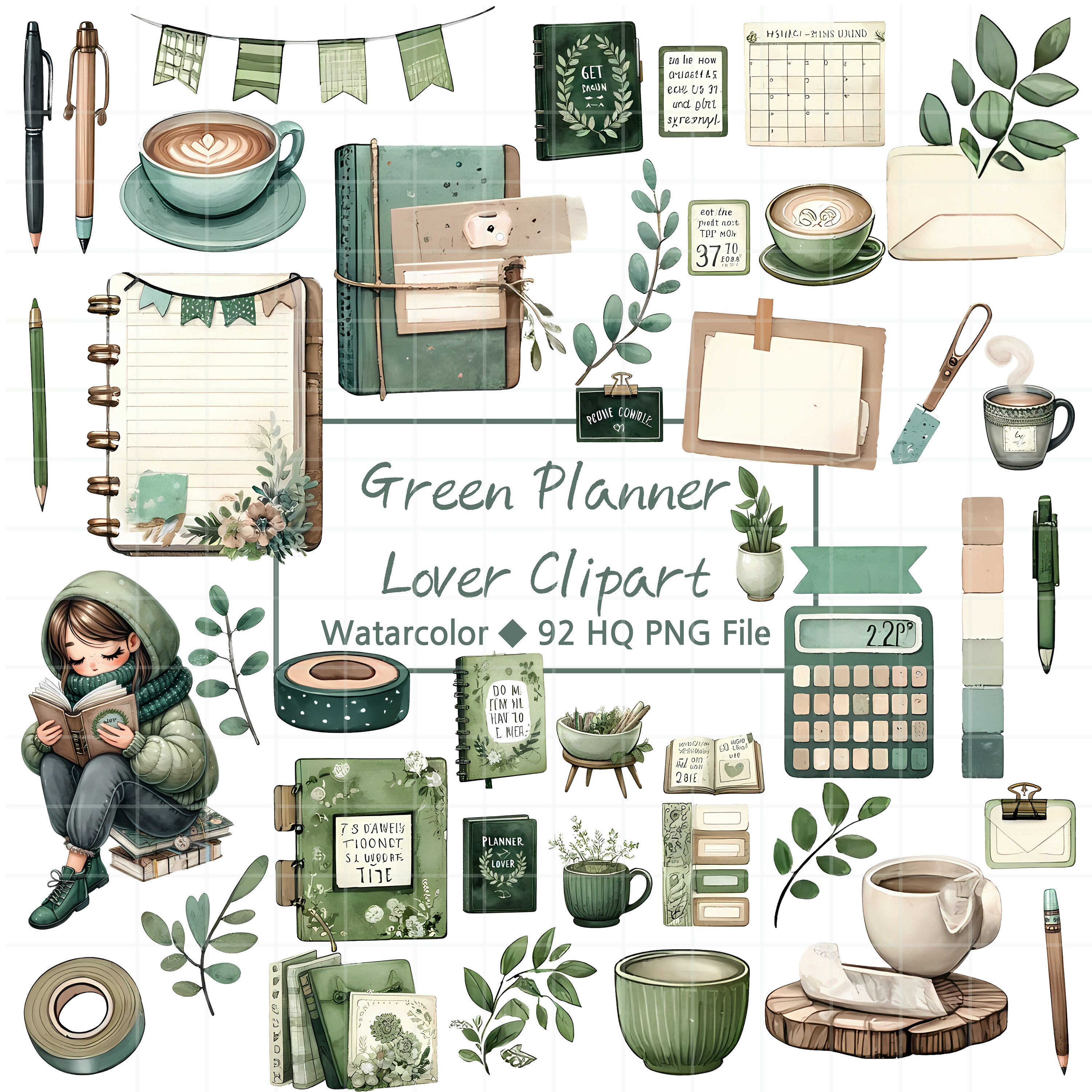 Green Planner Clipart Set of 92, PNG Digital File, Green Planner ...