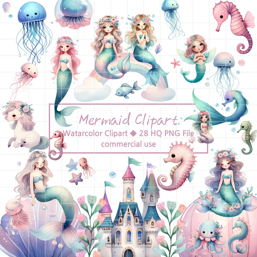 Mermaid Clipart Set: 28 PNG Illustrations (digital File) - Etsy