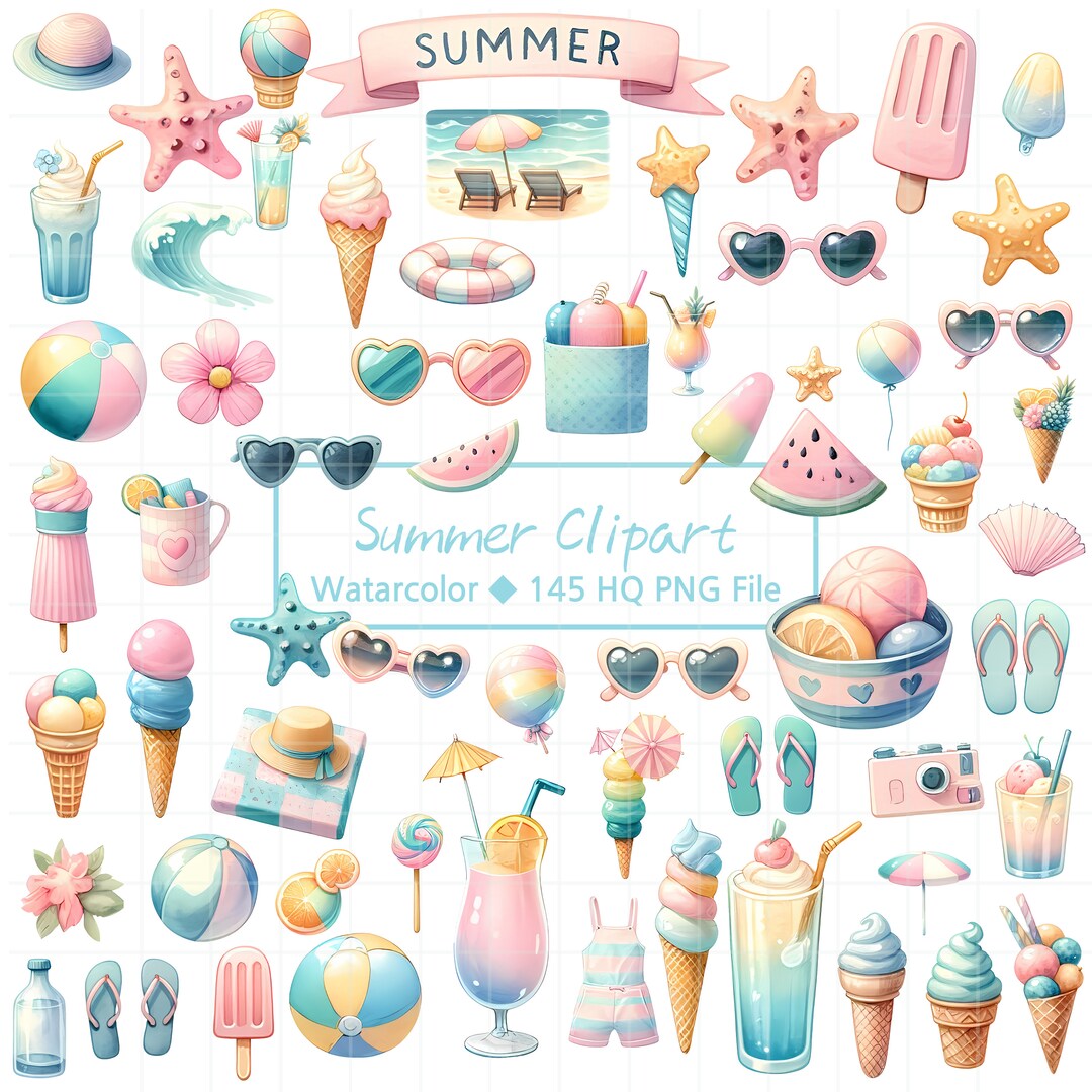 Summer Vacation Watercolor Clipart Digital File, Set of 145, Summer ...