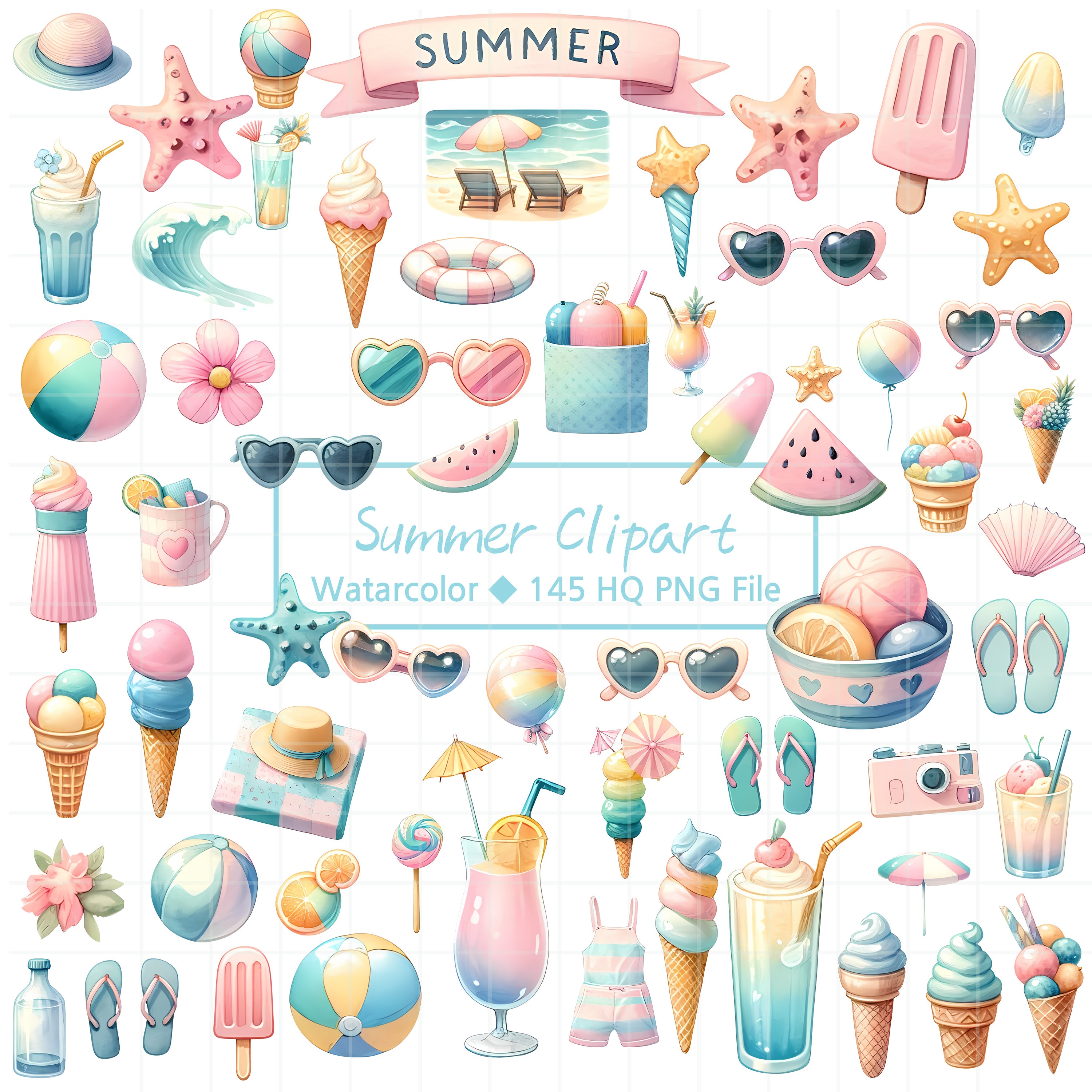 Summer Vacation Watercolor Clipart Digital File, Set of 145, Summer ...