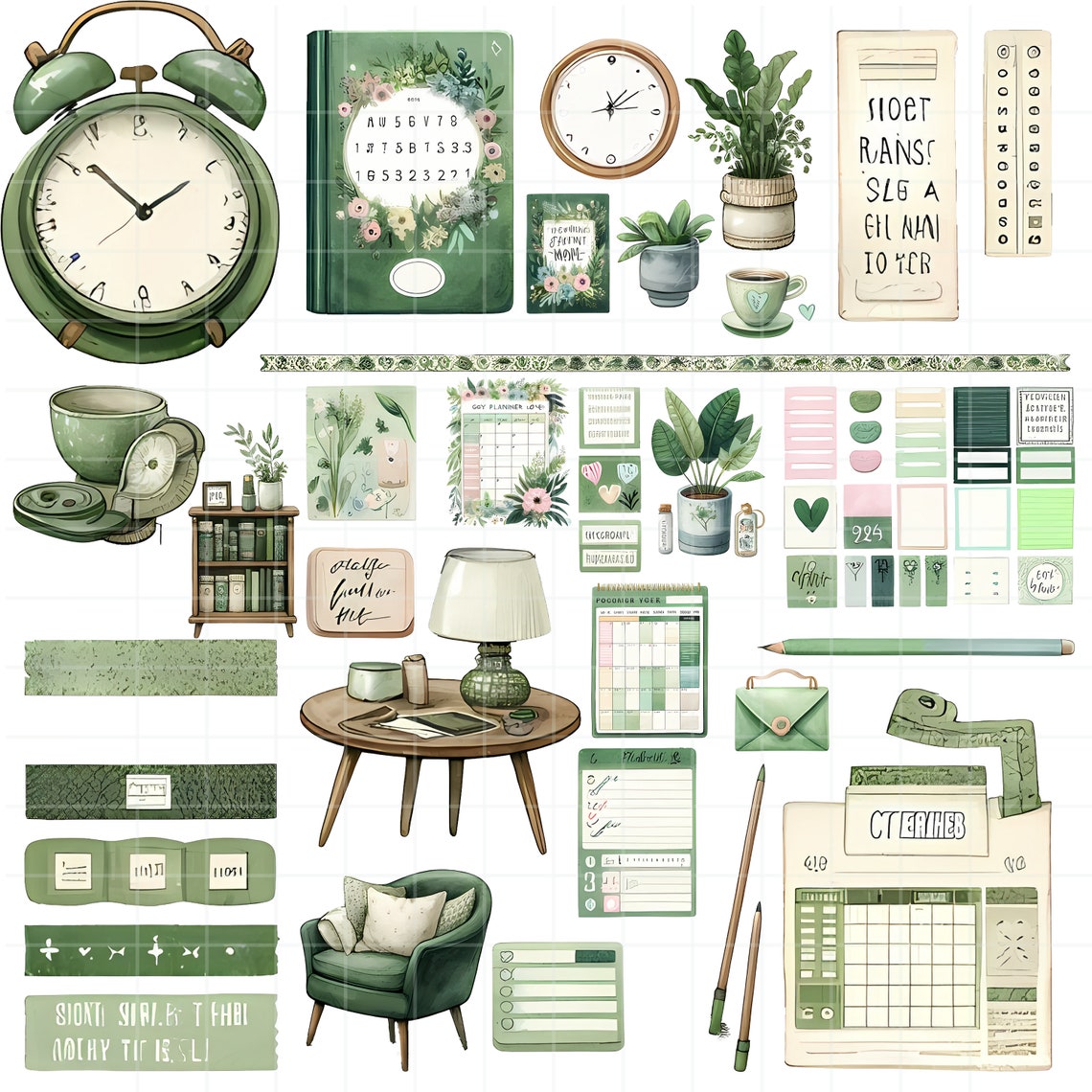 Green Planner Clipart Set of 92, PNG Digital File, Green Planner ...