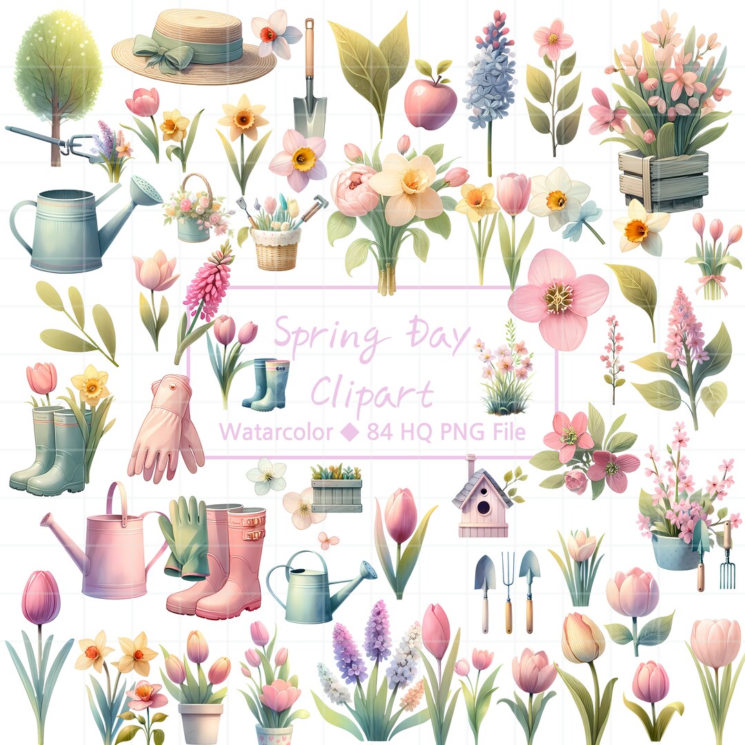 Spring Day Watercolor Clipart Digital File / Set of 84 / Spring Day PNG ...