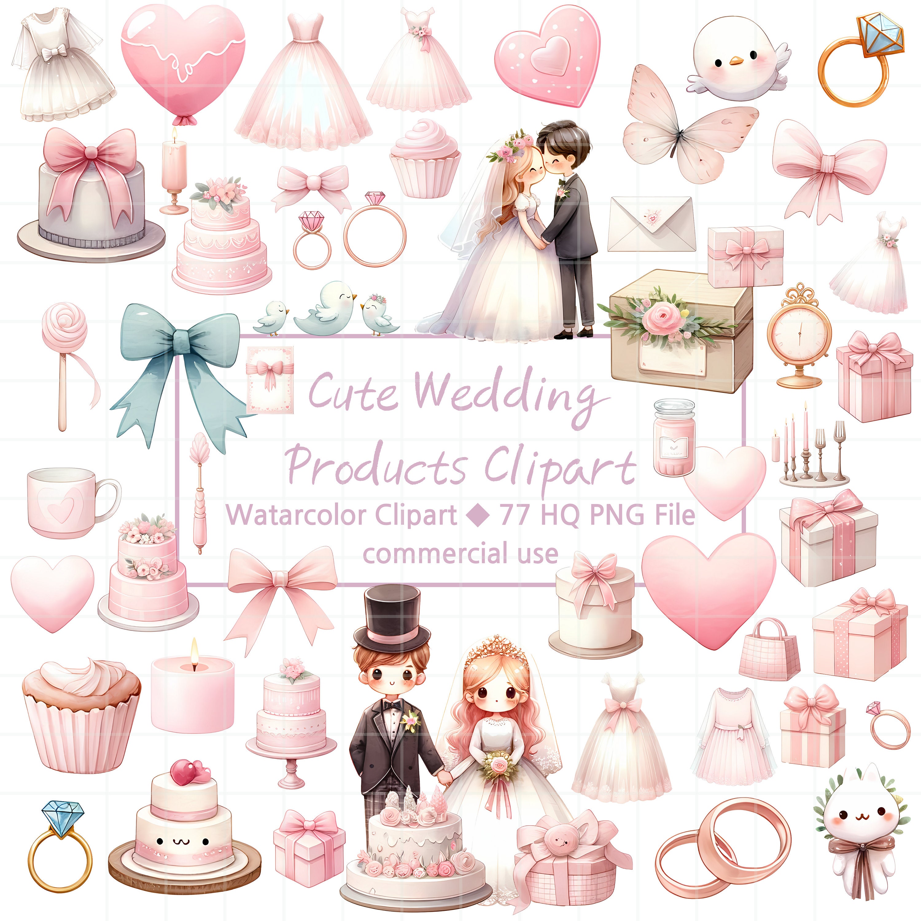 Cute Wedding Products Watercolor Clipart Set of 77, Wedding PNG File ...