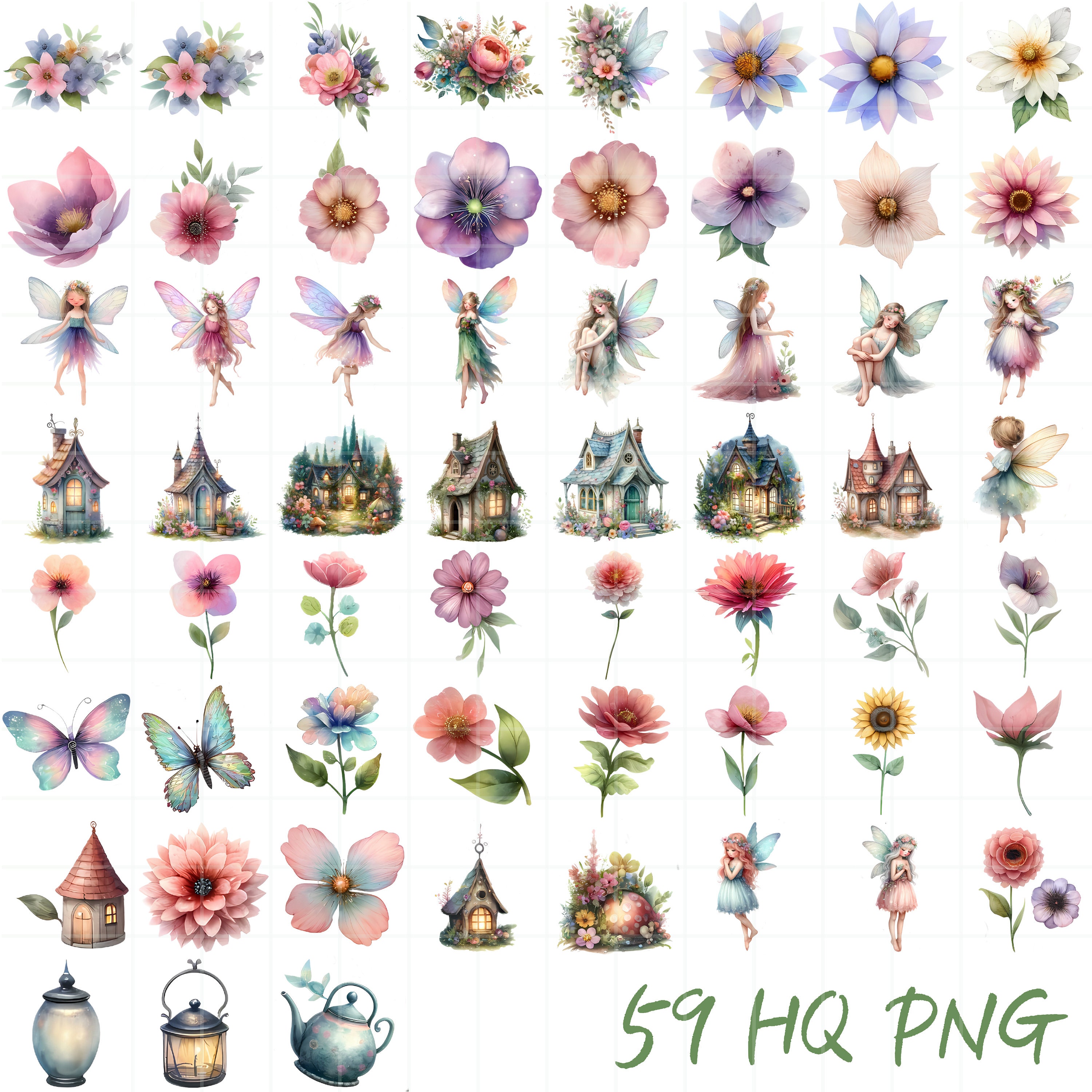 Fairy Flower Meadow: the Beauty of Watercolor Paintings / Set of 59 PNG ...