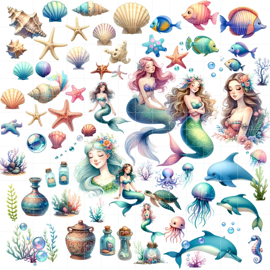 Beautiful Mermaid Digital Products Watercolor Clipart Set of 104 Ver.2 ...