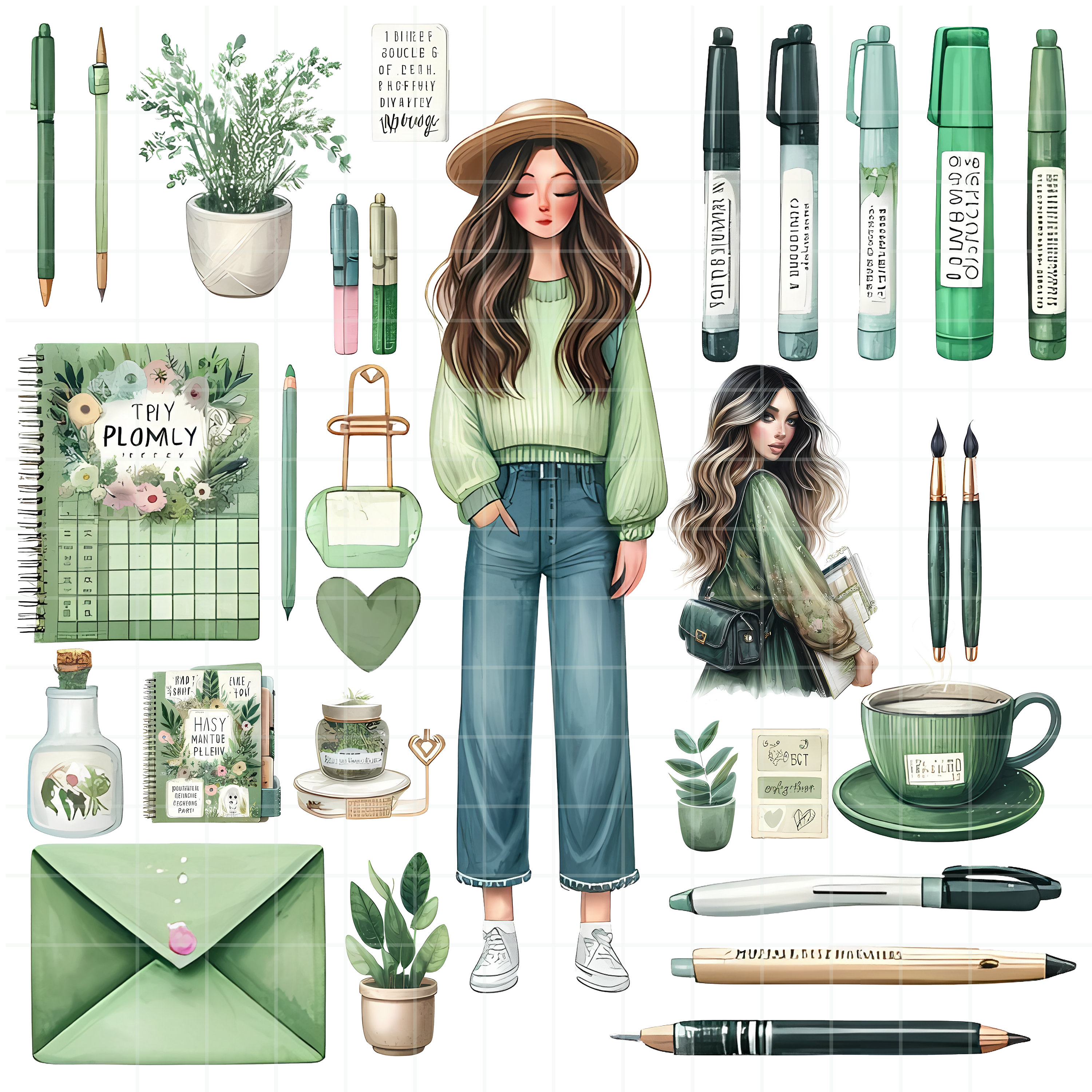 Green Planner Clipart Set of 92, PNG Digital File, Green Planner ...