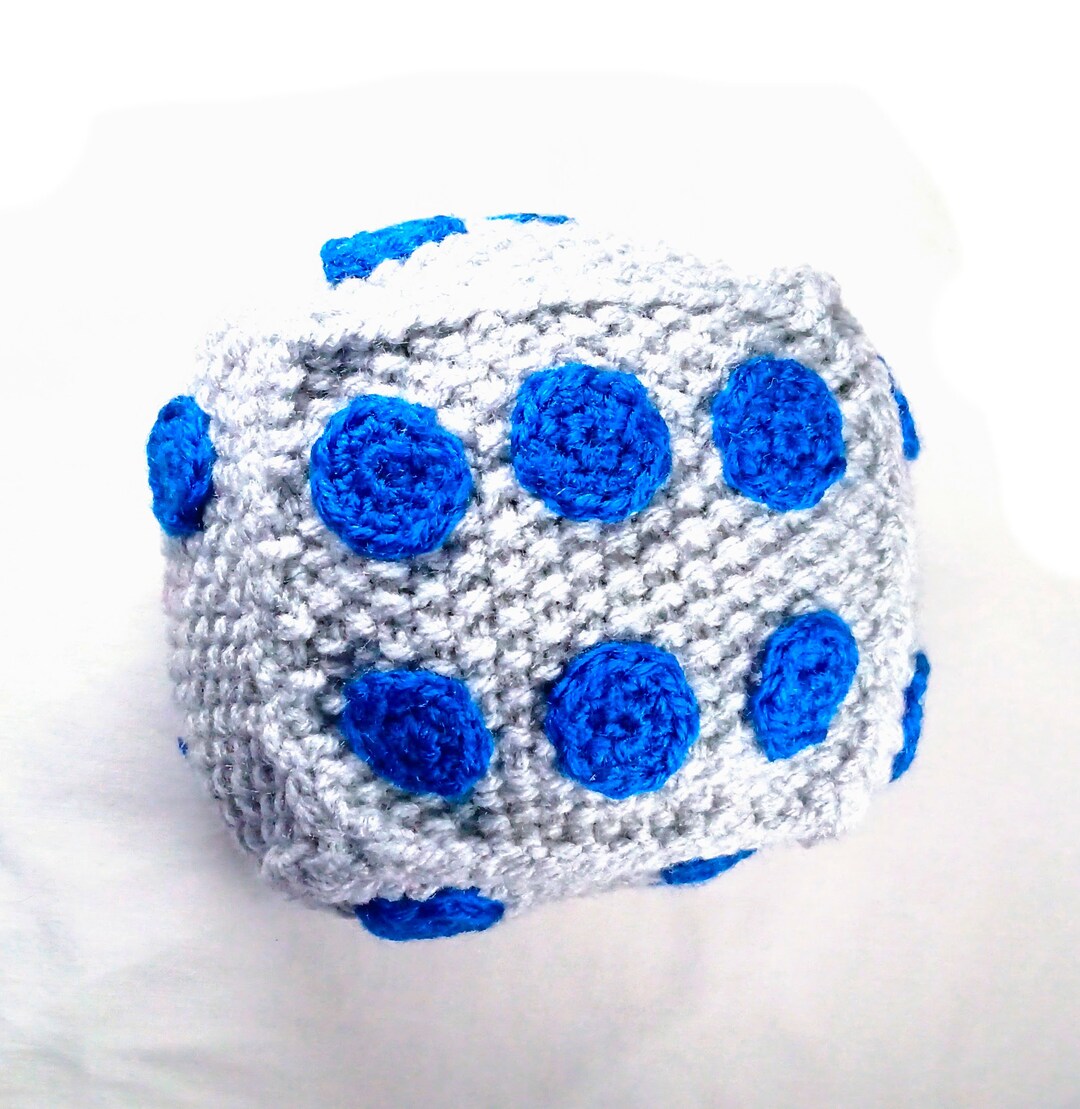 Plushie D6 Dice Grey With Blue Spots 6 Sided Dice Knitted Dice Gamer ...