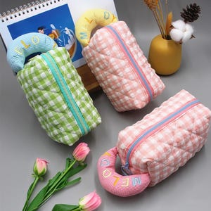 Fresh Candy Color Plaid Makeup Pouch, Pink Quilting Plaid Storage Bag ...