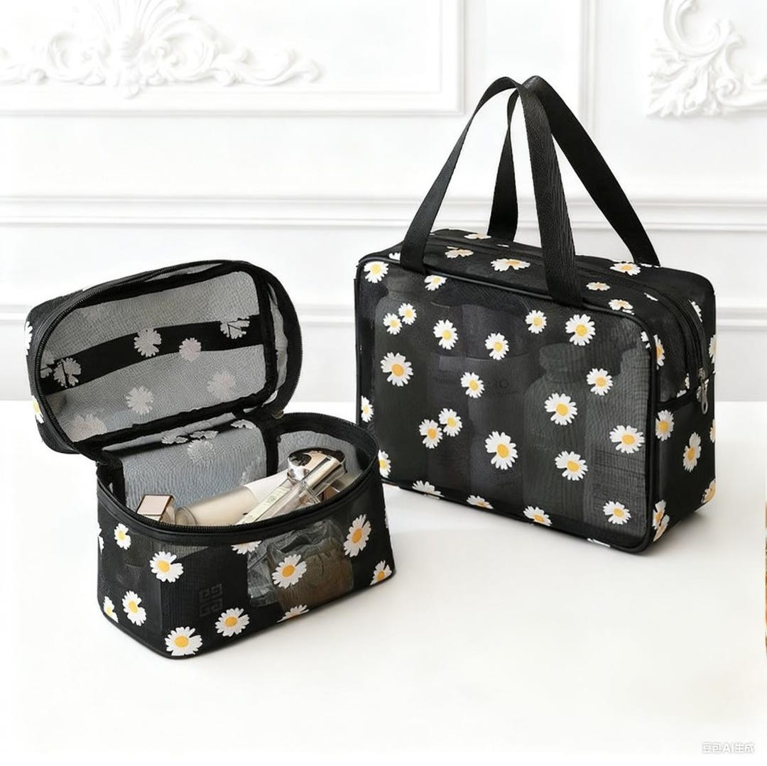 Set of 2 Daisy Mesh Makeup Bag, Flower Travel Makeup Pouch, Cute Large ...