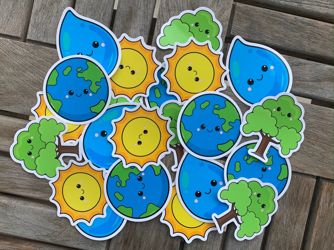 4 Pack Earth Themed Stickers | Glossy Vinyl Sticker | Kawaii Smiling ...