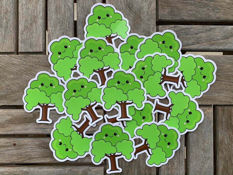 Tree Sticker Glossy Vinyl Sticker Kawaii Smiling Tree Sticker Cute Tree ...