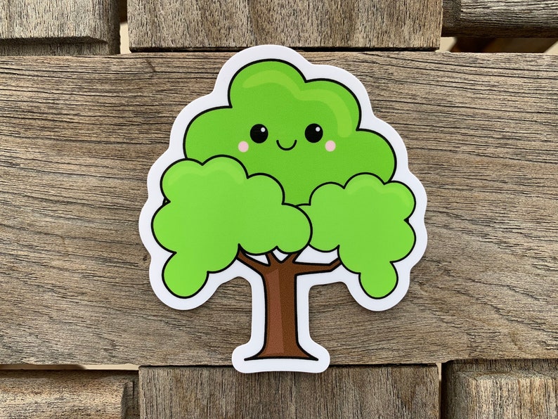 Tree Sticker Glossy Vinyl Sticker Kawaii Smiling Tree Sticker Cute Tree ...
