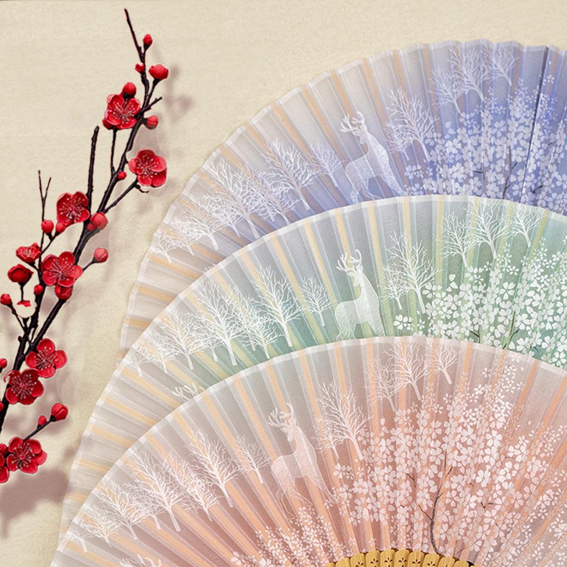 Deer Forest Print Silk Bamboo Fan, Elegant Folding Hand Fan, Portable ...
