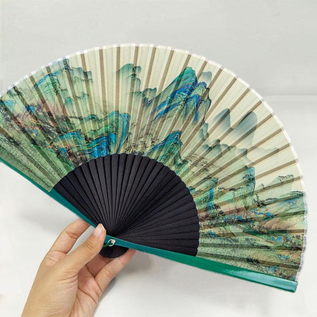Landscape Handheld Fan, Green Hanfu Folding Fan, Elegant Flowers Fan ...