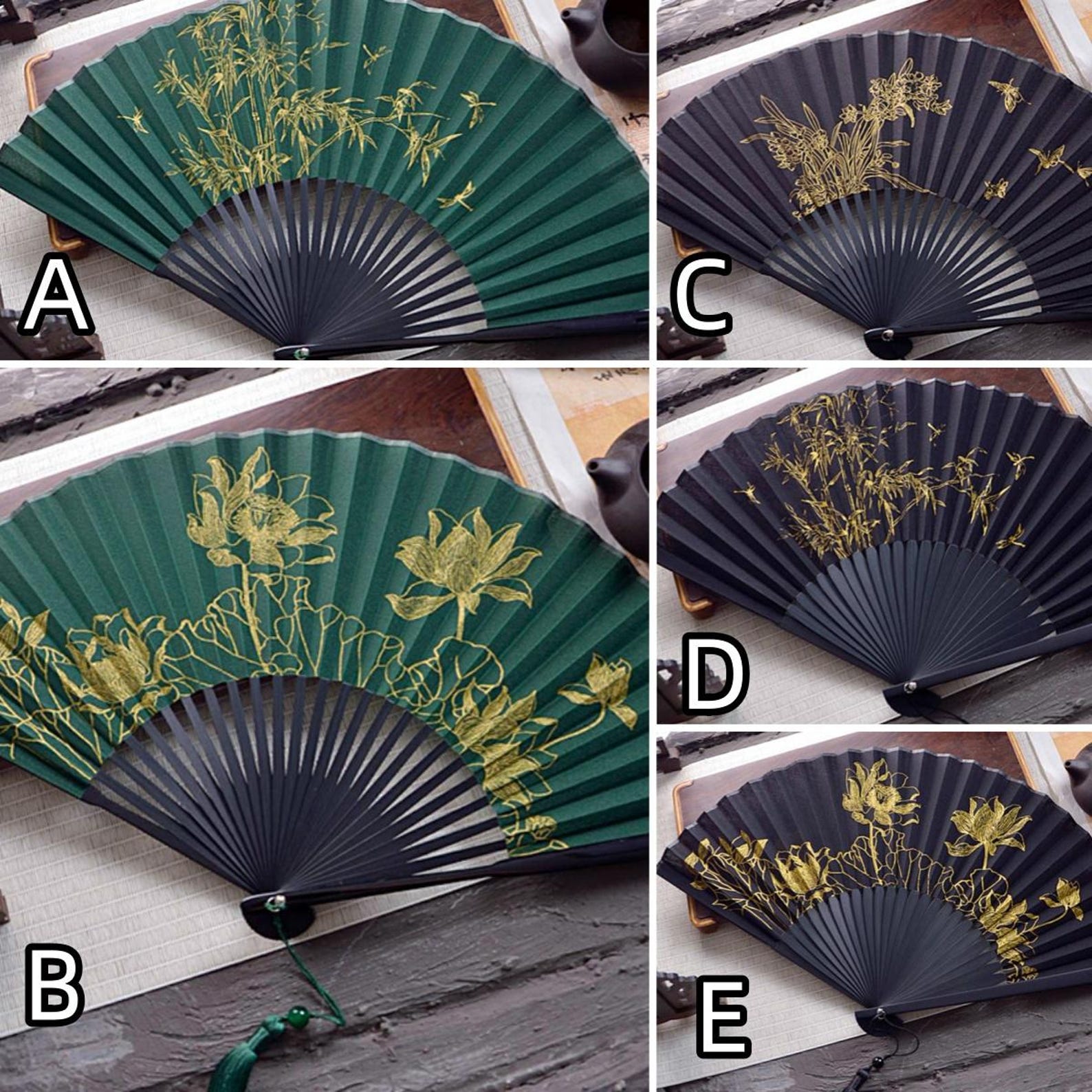 Large Kung Fu Bamboo Fan – Black Green Cloth Folding Fan With Lotus ...