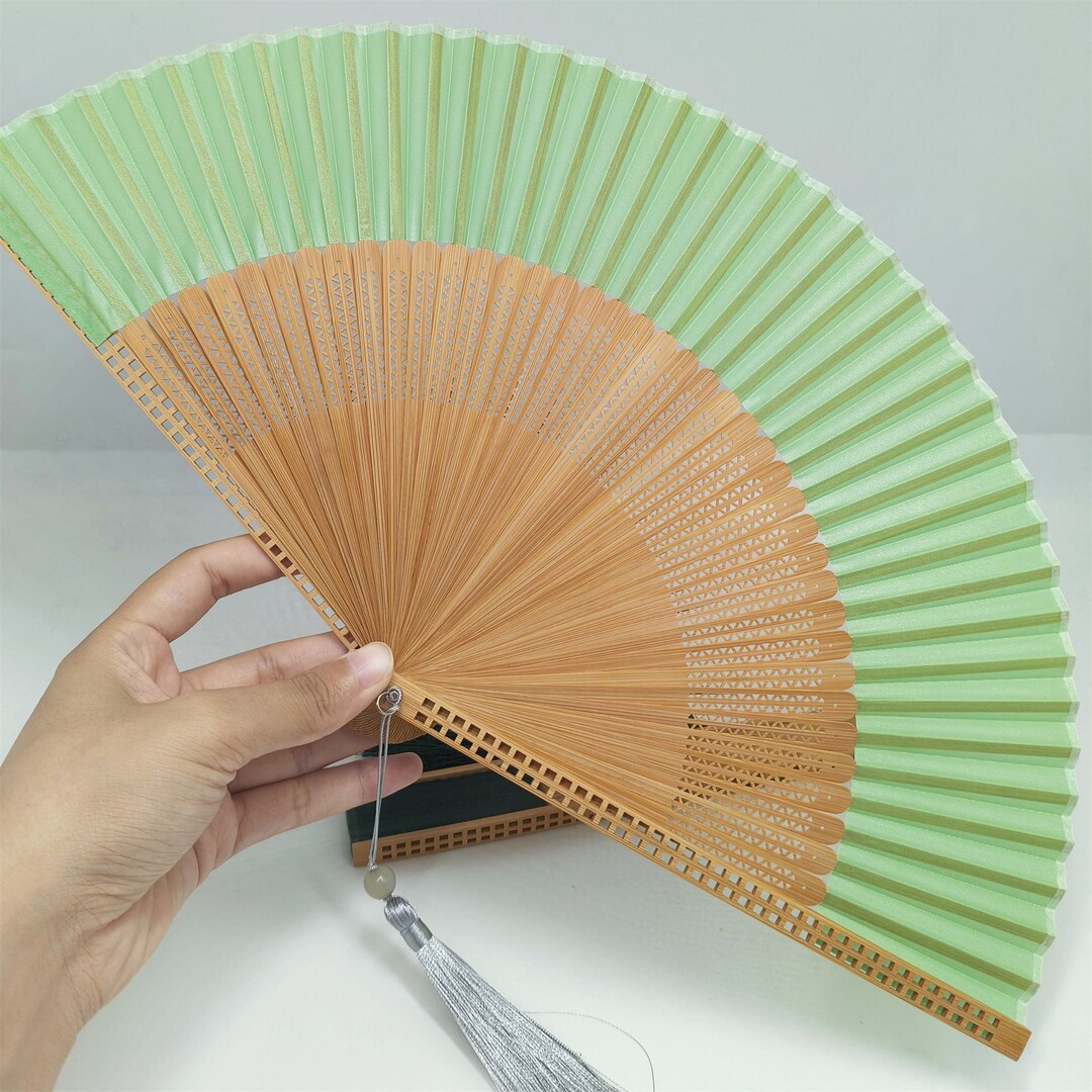 Light Sage Green Fabric Folding Fan, Silk Handheld Fan With Tassel ...