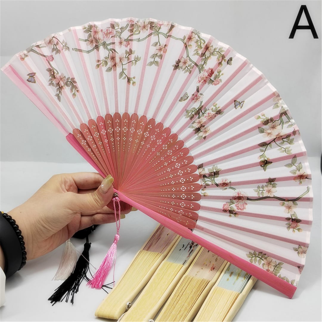 Pink Flowers Folding Fans, Sakura Silk Fabric Wood Hand Fan, Wedding ...