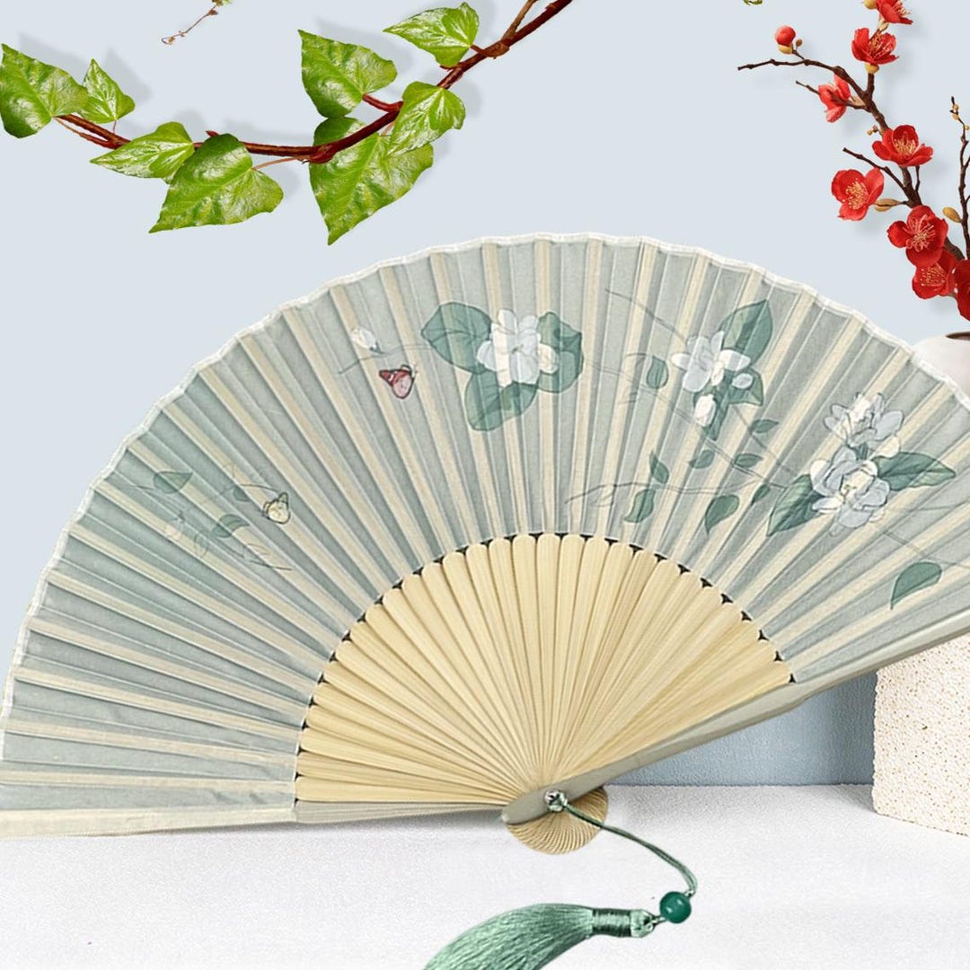 Silk Folding Bamboo Hand Fan With Tassel and Fan Pouch, Elegant ...