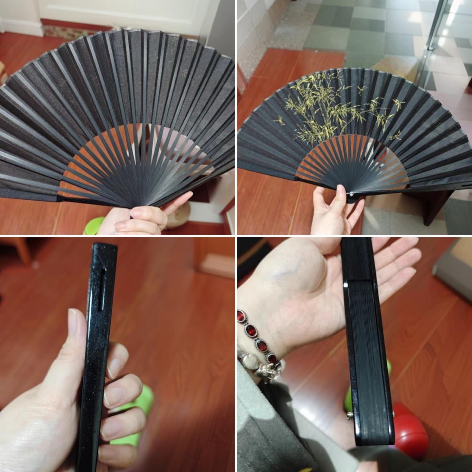 Large Kung Fu Bamboo Fan – Black Green Cloth Folding Fan With Lotus ...