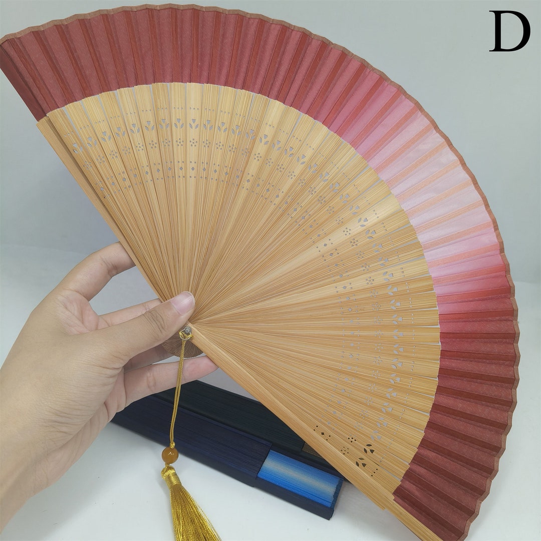 Gradient Red Handheld Fan, Rustic Silk Folding Fan, Elegant Bamboo Ribs ...