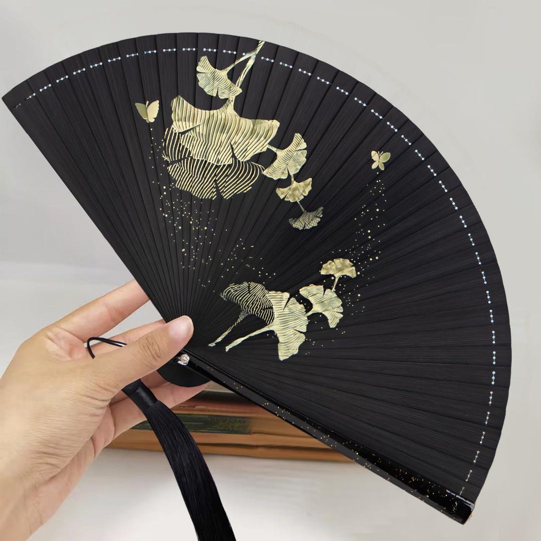 Ginkgo Bamboo Hand Held Fan, Maple Leaf and Moon Butterfly Folding Fan ...
