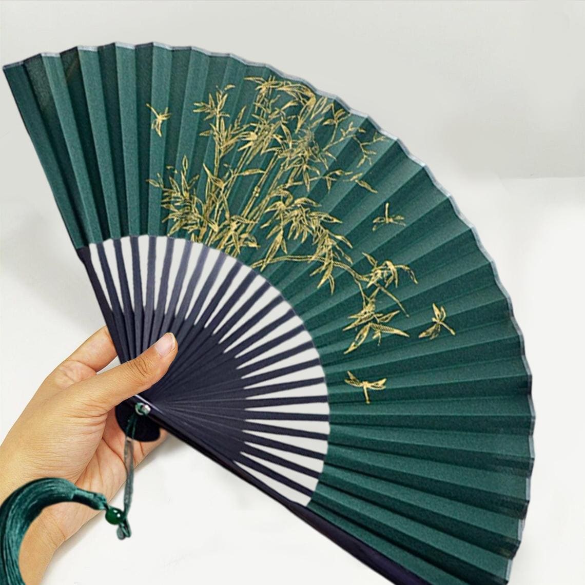 Large Kung Fu Bamboo Fan – Black Green Cloth Folding Fan With Lotus ...