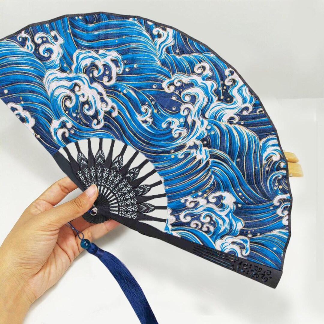 Blue and White Wave Folding Fan, Cotton Linen Handheld Fan, Printed ...