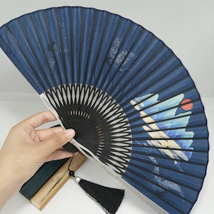 Dark Green Crane Hand Fan, Retro Landscape Silk Folding Fan, Chinese ...