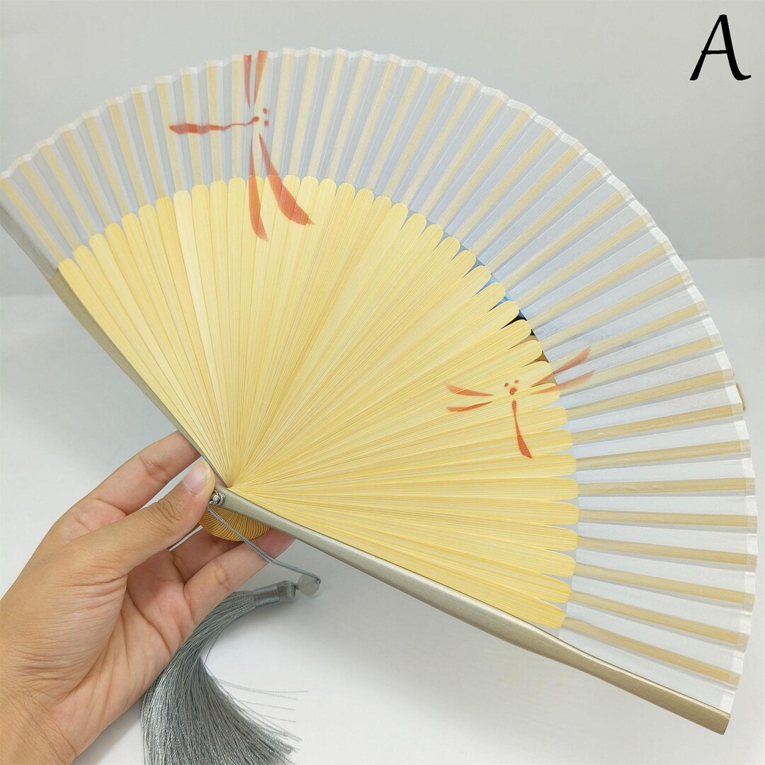 Elegant Gray Silk Folding Fan, Dragonfly Printed Fabric Hand Fan ...