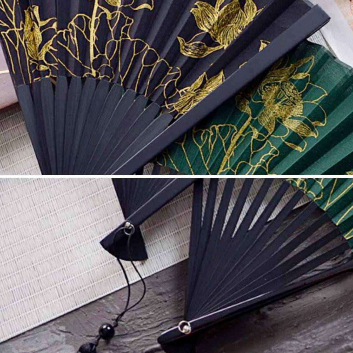 Large Kung Fu Bamboo Fan – Black Green Cloth Folding Fan With Lotus ...