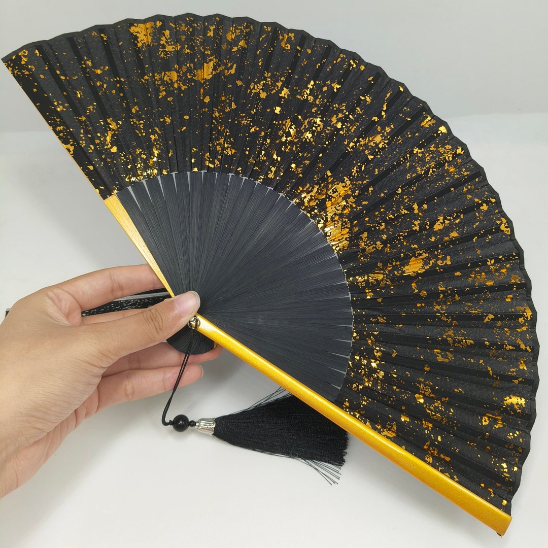 Sprinkling Golden Folding Fan, Japanese Silk Hand Fan, Classical Tassel ...