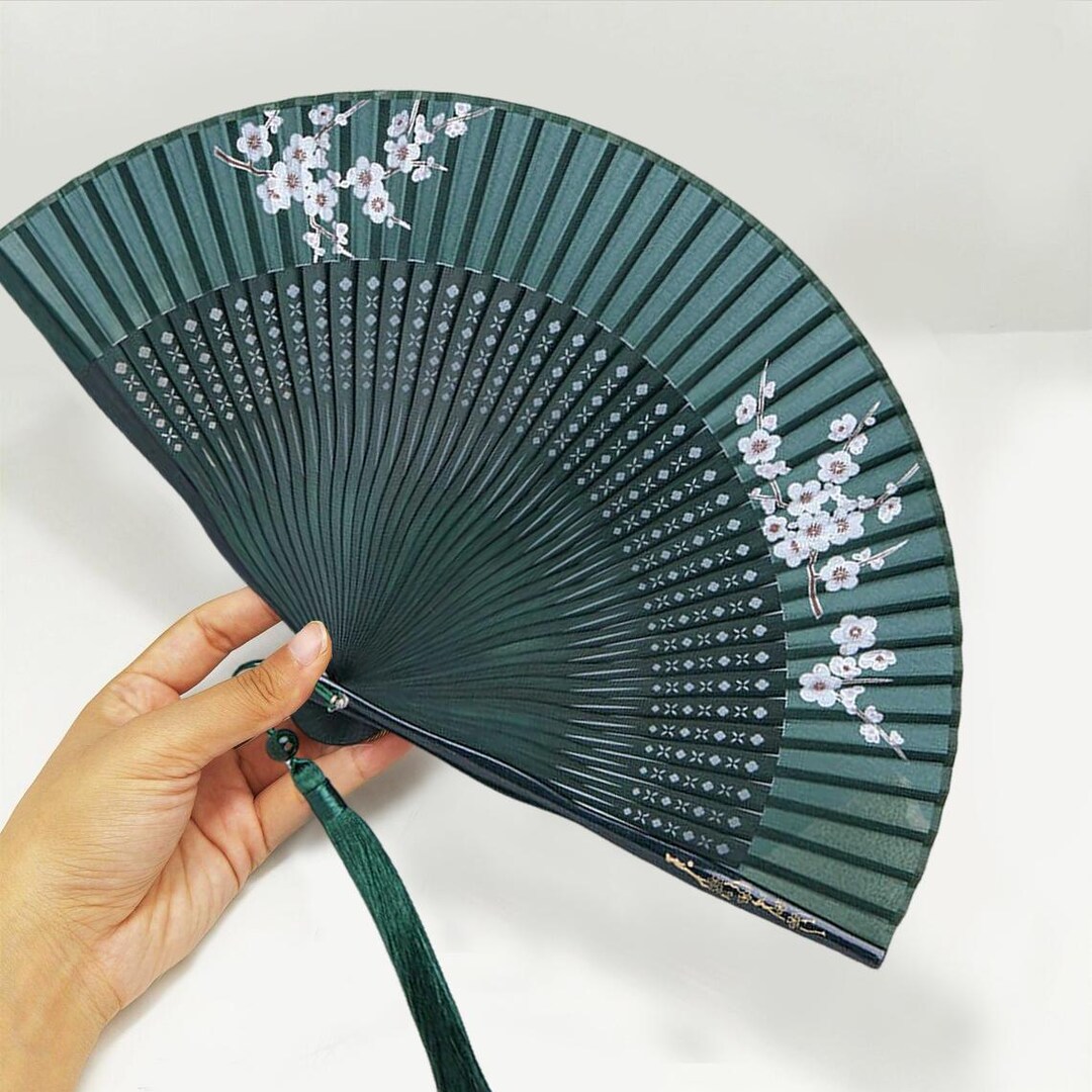 Dark Green Hand Fan, Retro Silk Folding Fans, Chinese Style Hand Held ...