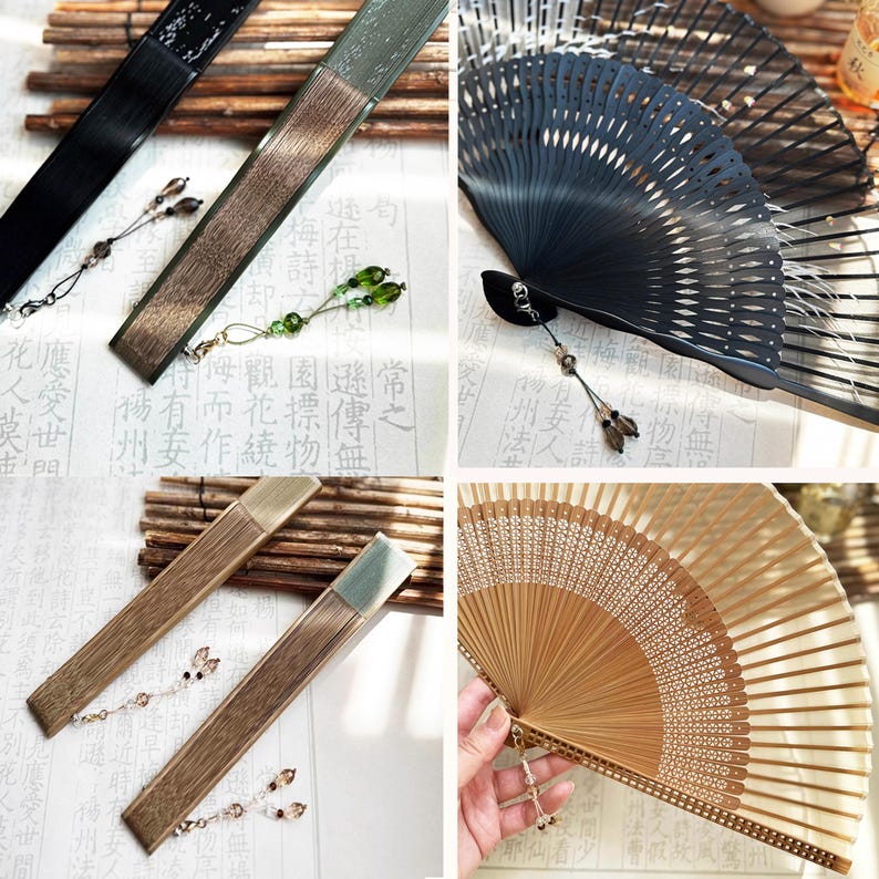 Bamboo Hand Fan With Crystal Pendant for Weddings, Elegant Portable ...