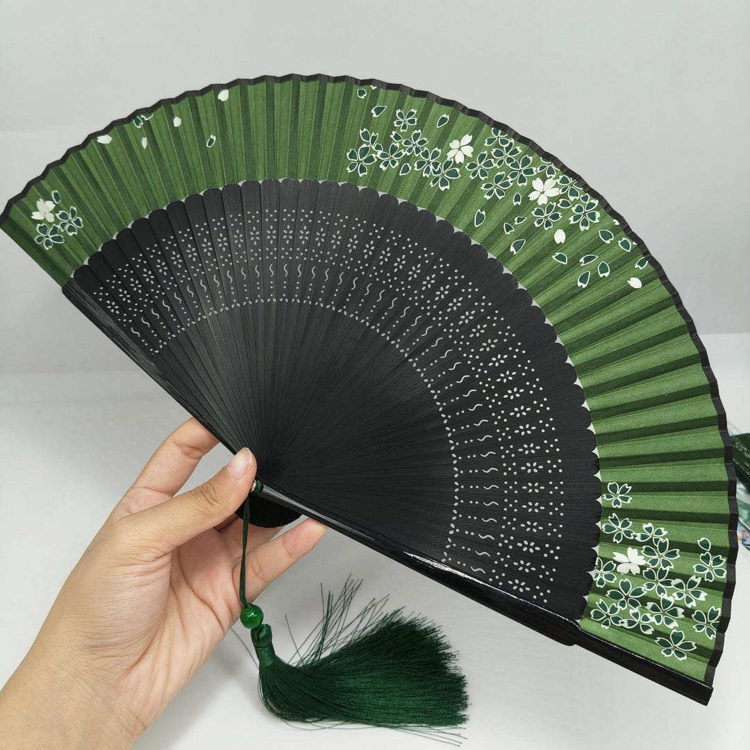 Sakura Flowers Fabric Hand Fan, Peacock Green Folding Fan, Elegant ...